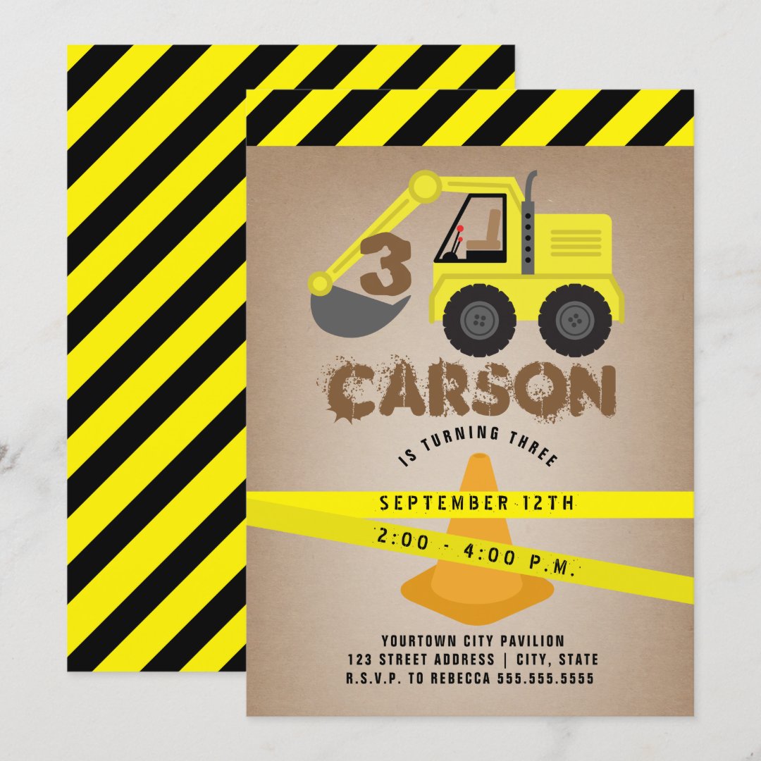 Excavator Construction Cone Kids Birthday Invitation | Zazzle