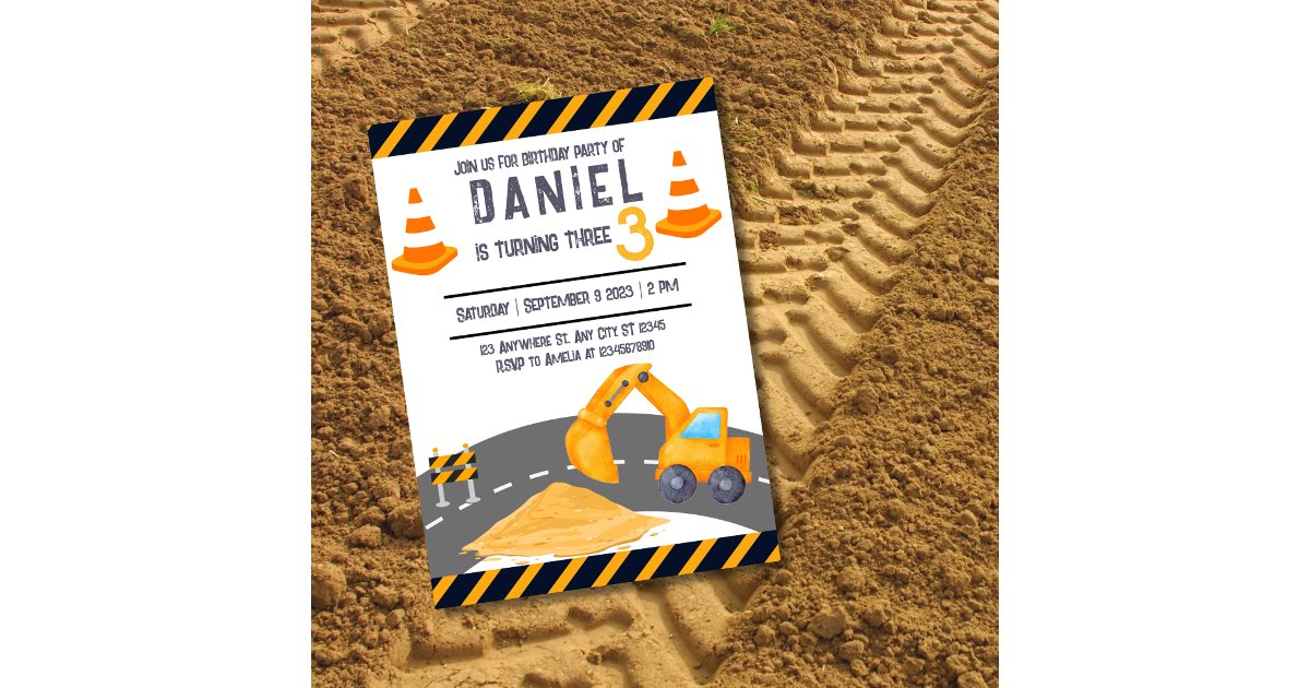Excavator Construction Cone Kids Birthday Party Invitation | Zazzle