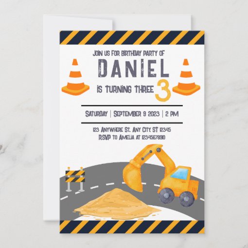Excavator Construction Cone Kids Birthday Party Invitation | Zazzle