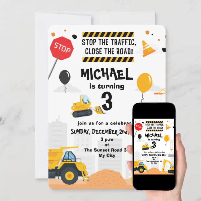 Excavator Construction Kids Birthday Invitation | Zazzle
