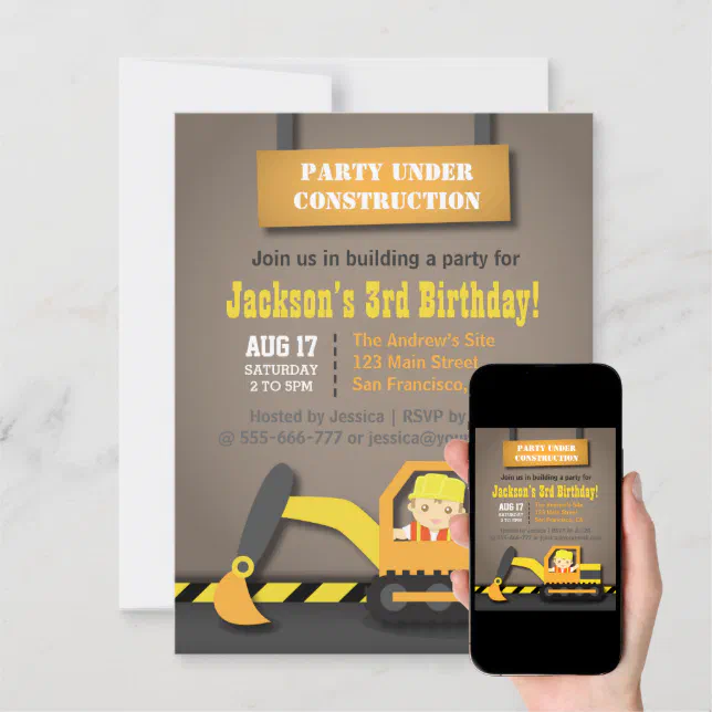 Excavator Construction Theme Kids Birthday Party Invitation | Zazzle