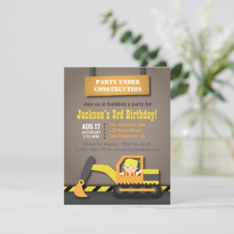 Excavator Construction Theme Kids Birthday Party Invitation | Zazzle