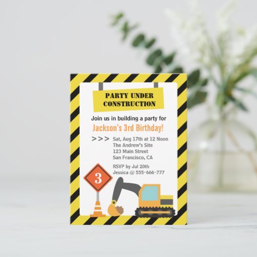 Excavator Construction Theme kids Birthday Party Invitation | Zazzle