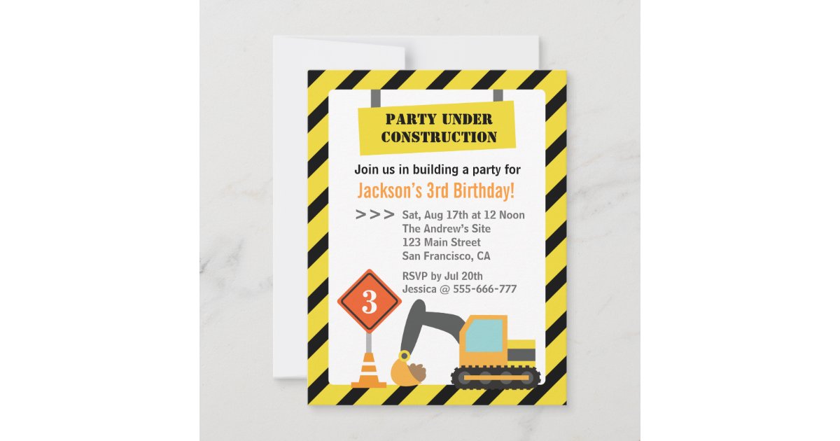 Excavator Construction Theme kids Birthday Party Invitation | Zazzle