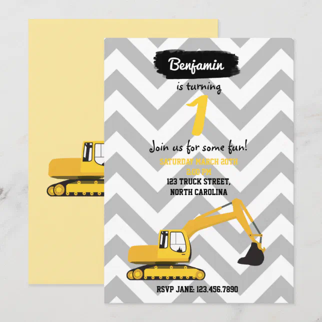 Excavator Construction Truck Birthday Invitation | Zazzle