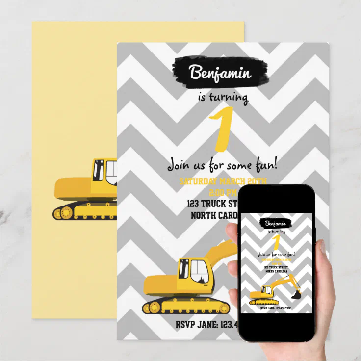 Excavator Construction Truck Birthday Invitation | Zazzle