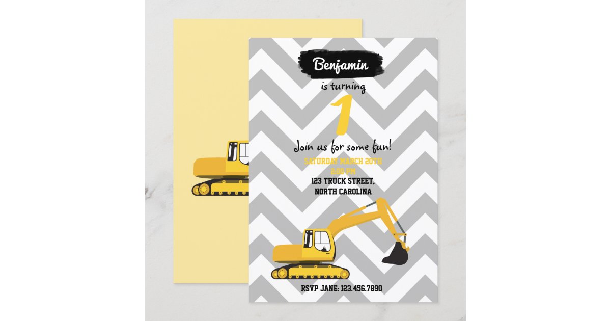 Excavator Construction Truck Birthday Invitation | Zazzle