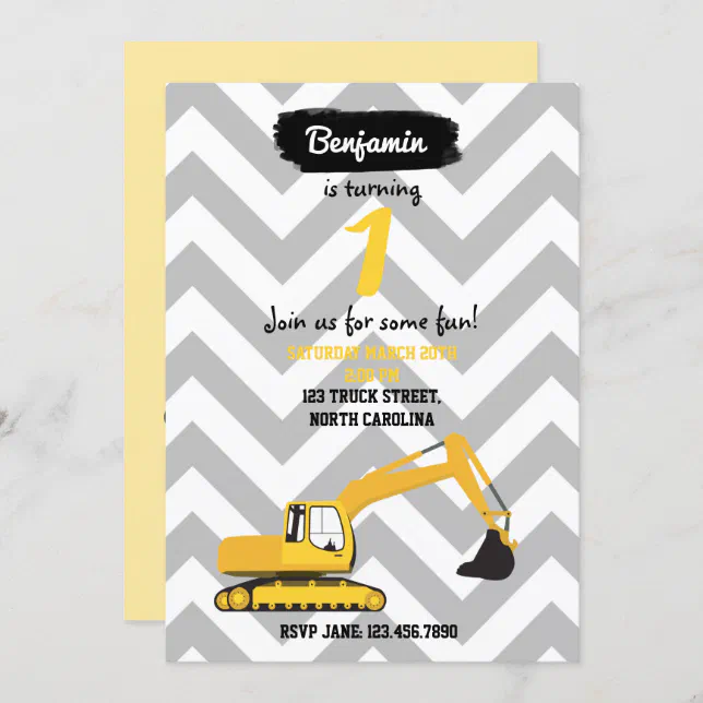 Excavator Construction Truck Birthday Invitation | Zazzle