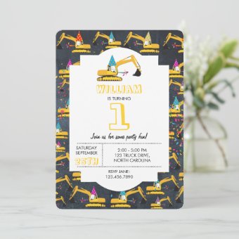 Excavator Construction Truck Birthday Party Invitation | Zazzle