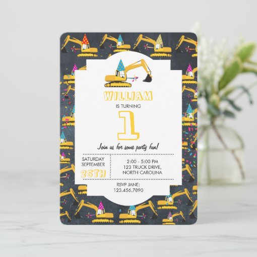 Excavator Construction Truck Birthday Party Invitation | Zazzle