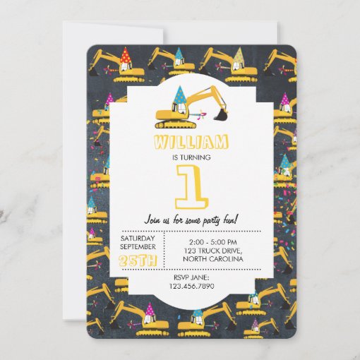 Excavator Construction Truck Birthday Party Invitation | Zazzle