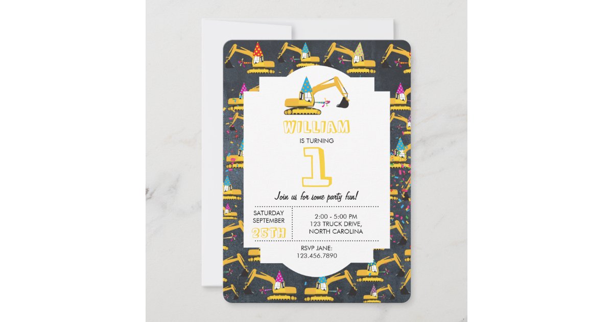 Excavator Construction Truck Birthday Party Invitation | Zazzle