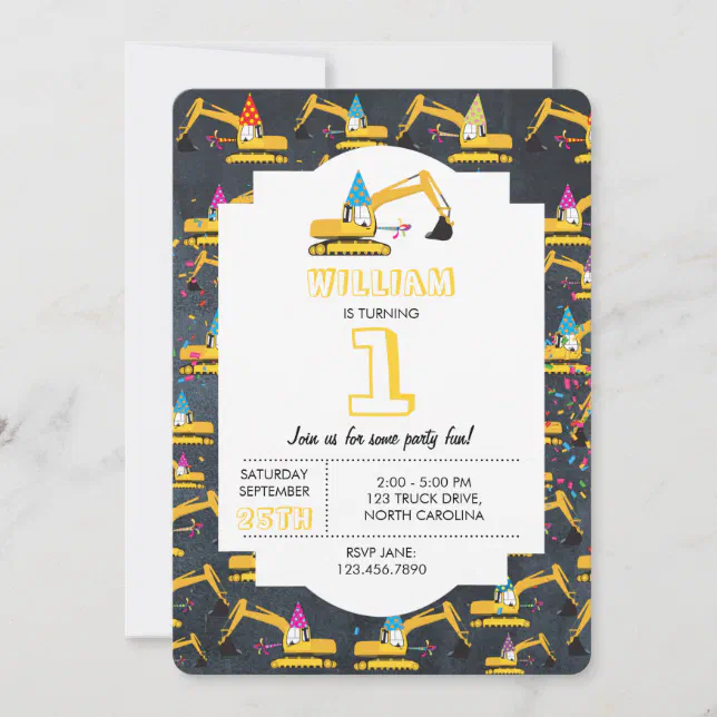 Excavator Construction Truck Birthday Party Invitation | Zazzle