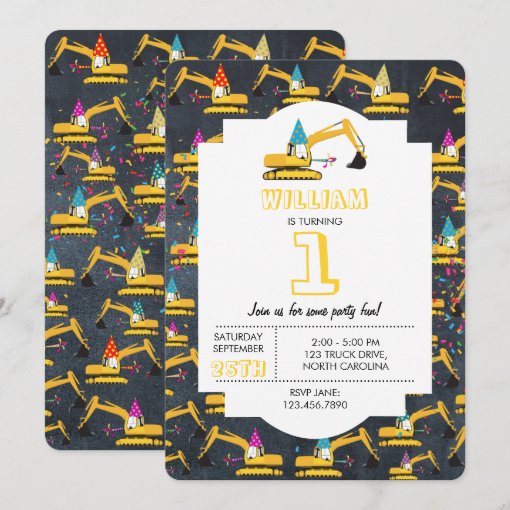 Excavator Construction Truck Birthday Party Invitation | Zazzle