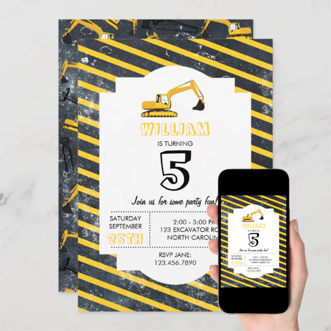 Excavator Construction Trucks and Tools Birthday Invitation | Zazzle