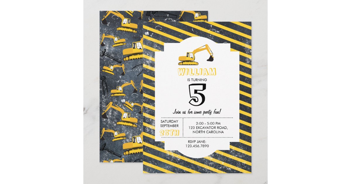 Excavator Construction Trucks and Tools Birthday Invitation | Zazzle