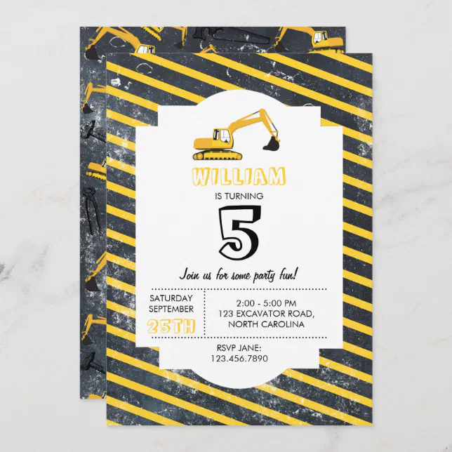 Excavator Construction Trucks and Tools Birthday Invitation | Zazzle