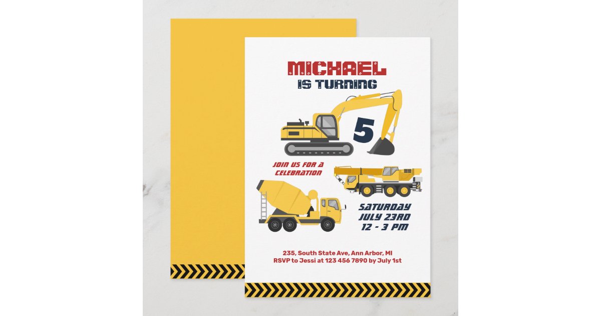 Excavator Crane Construction Builder Boys Birthday Invitation | Zazzle