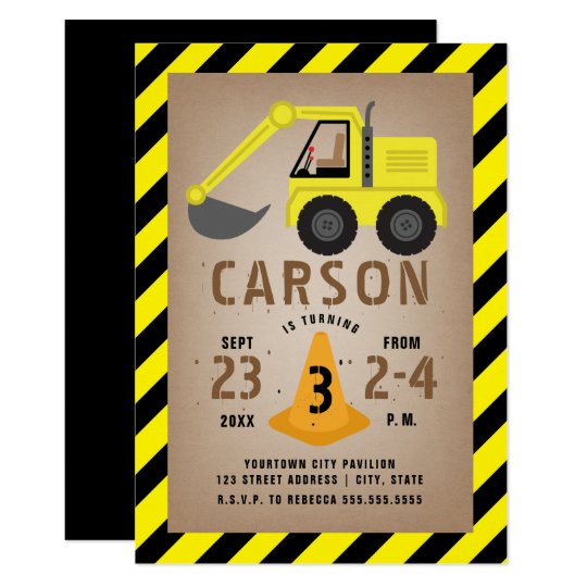 Excavator Orange Cone Construction Birthday Invitation | Zazzle.com