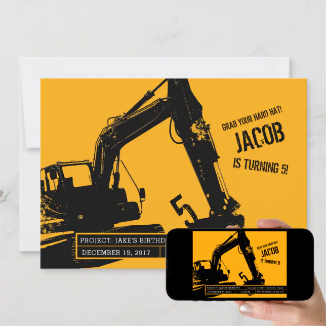 Excavator Party Invitation for Construction Party | Zazzle