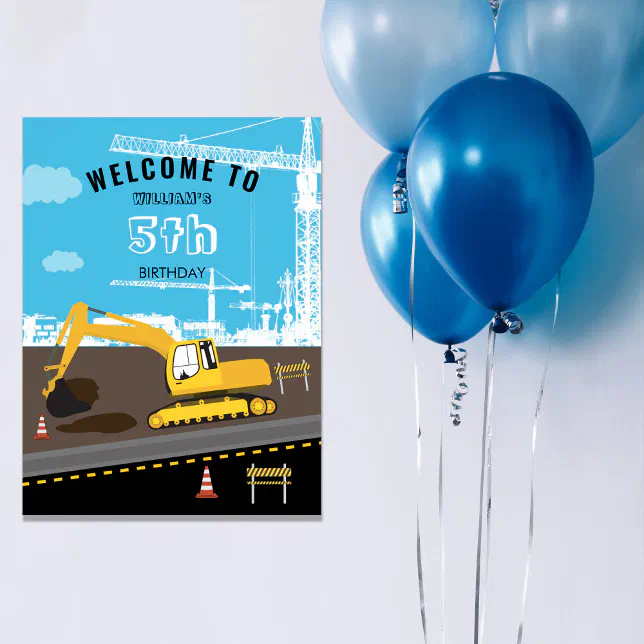 Excavator Truck Construction Trucks Birthday Party Poster | Zazzle