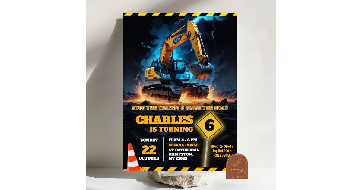 Excavator Under Construction Birthday Boy Invitation | Zazzle