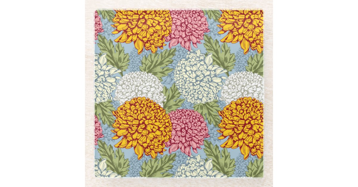 Excellent pattern with chrysanthemums glass coaster | Zazzle