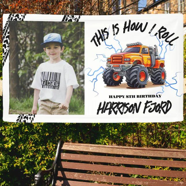 Exciting Orange Monster Truck Boys Birthday Party Banner | Zazzle