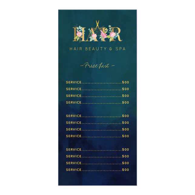 Exclusive luxury hair salon navy gold service menu | Zazzle