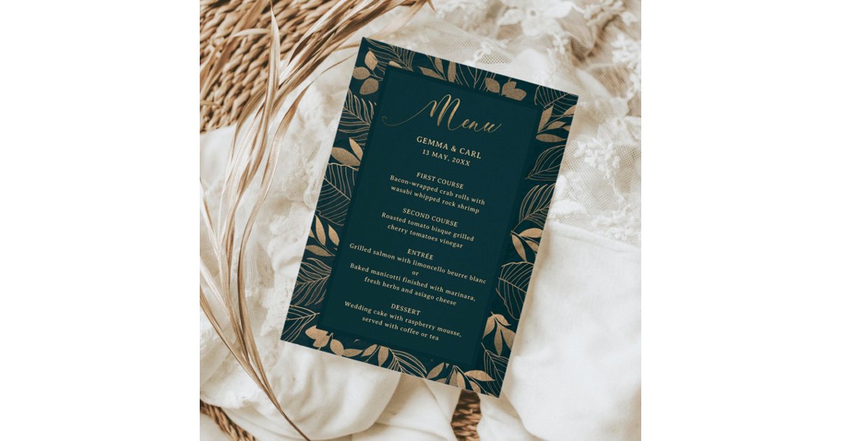 Exotic Gold Foilage Border Wedding menu card | Zazzle
