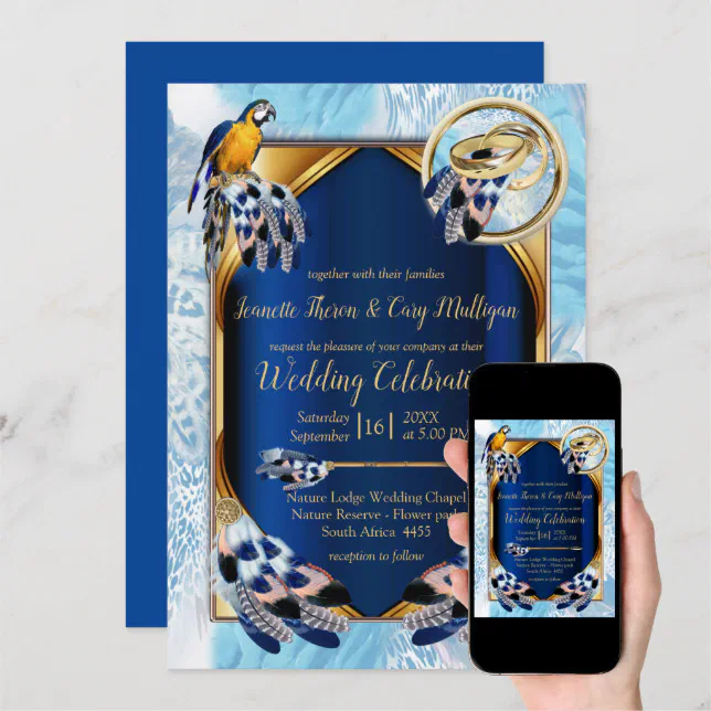 Exotic-Parrot Blue tone feathers Wedding Invitation | Zazzle