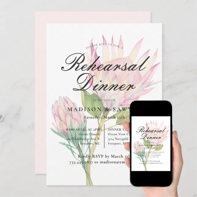Exotic Pink Protea Floral Wedding Rehearsal Dinner Invitation | Zazzle