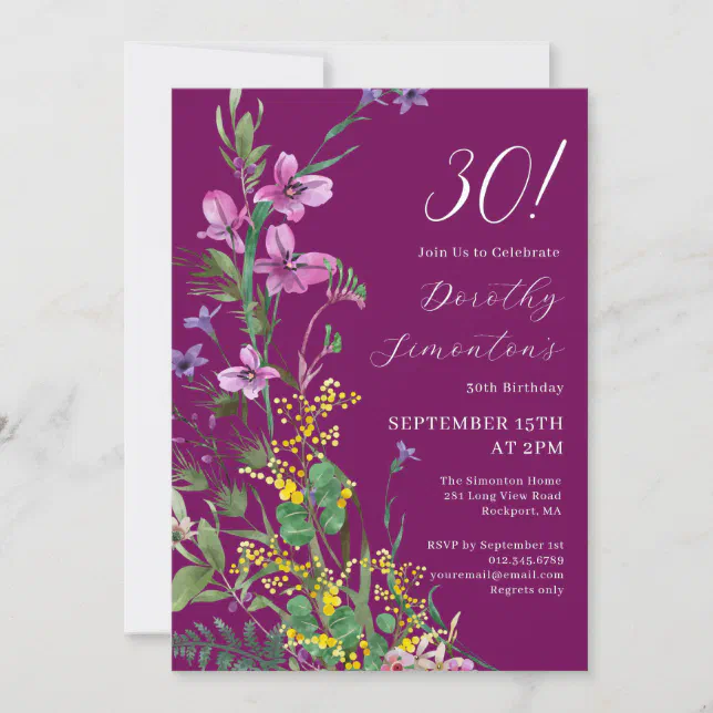 Exotic Pink Yellow Wildflowers 30th Birthday Invitation | Zazzle