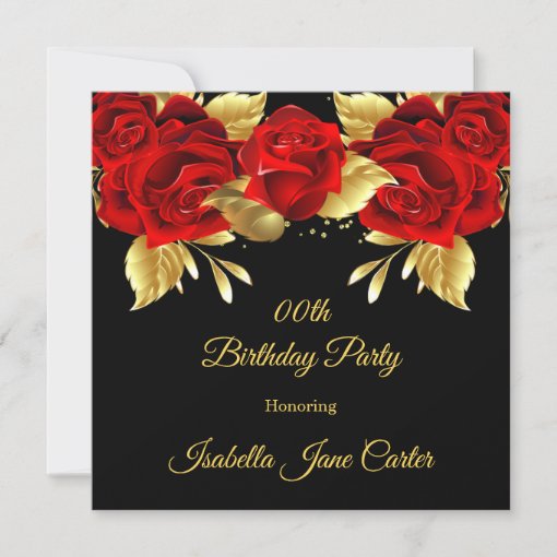 Exotic Red Rose Black Floral Golden Birthday Party Invitation | Zazzle