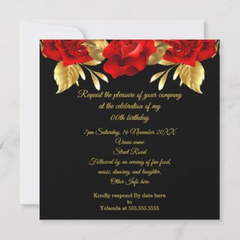 Exotic Red Rose Black Floral Golden Birthday Party Invitation | Zazzle