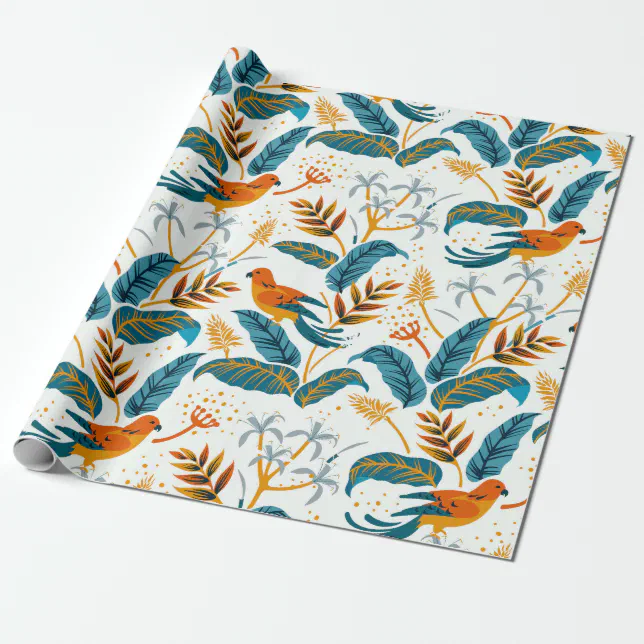 Exotic tropical birds and leaves pattern wrapping paper | Zazzle