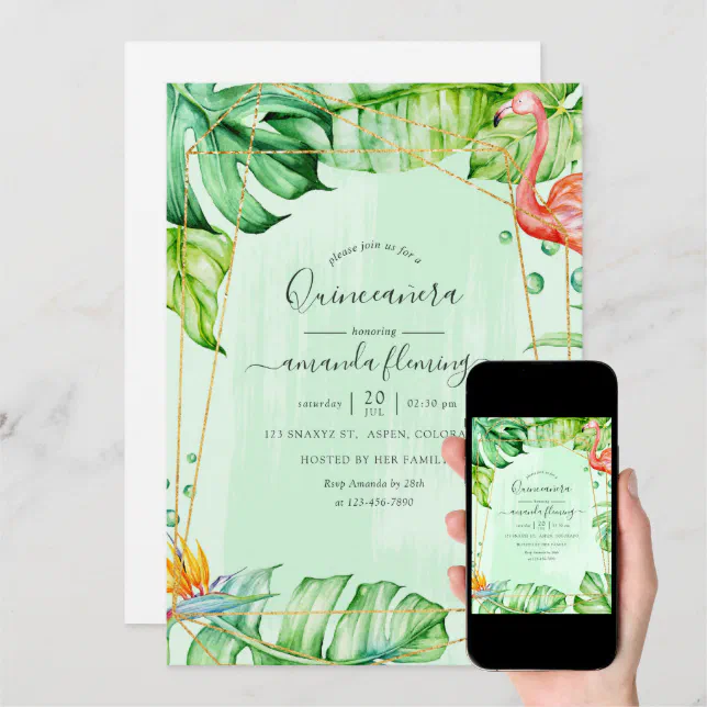 Exotic Tropical Flamingo Geometric Quinceañera Invitation | Zazzle