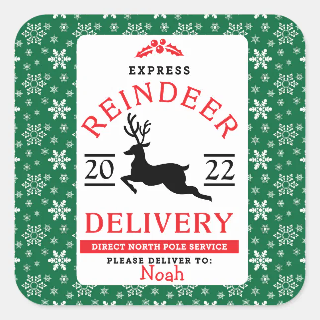 Express Reindeer Delivery Personalized Gift Square Sticker | Zazzle