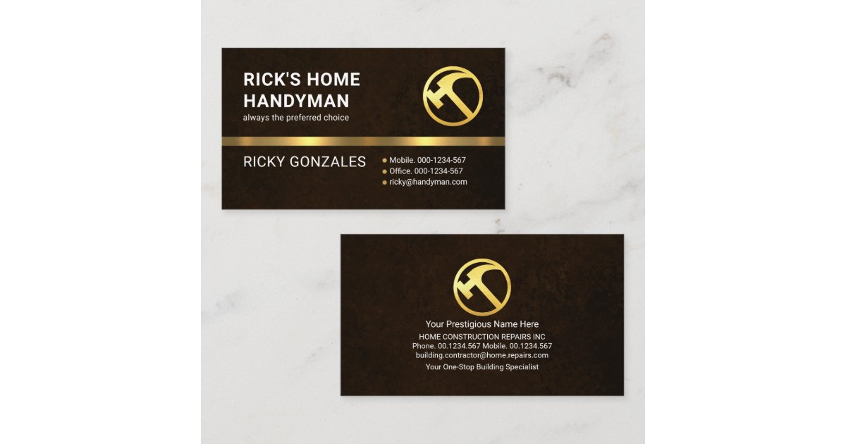 Exquisite Brown Grunge Gold Handyman Hammer Business Card | Zazzle