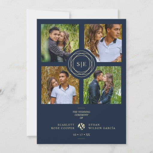 Exquisite Chic Navy Blue & Gold Initials 4 Photos Invitation | Zazzle