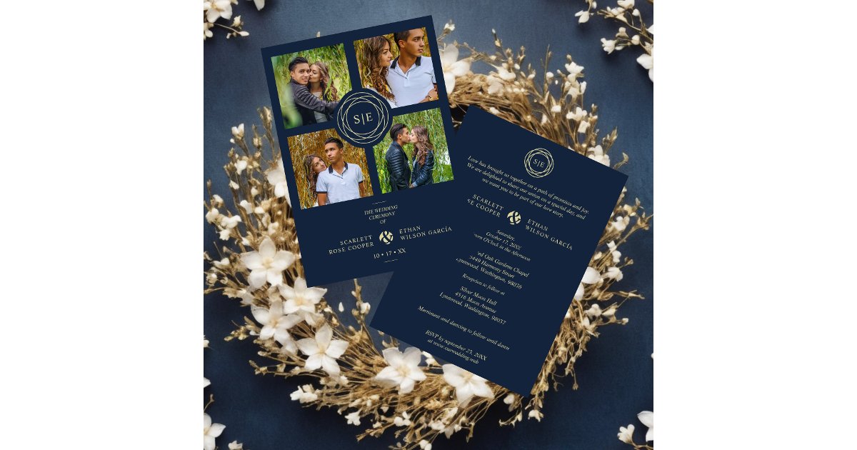 Exquisite Chic Navy Blue & Gold Initials 4 Photos Invitation | Zazzle