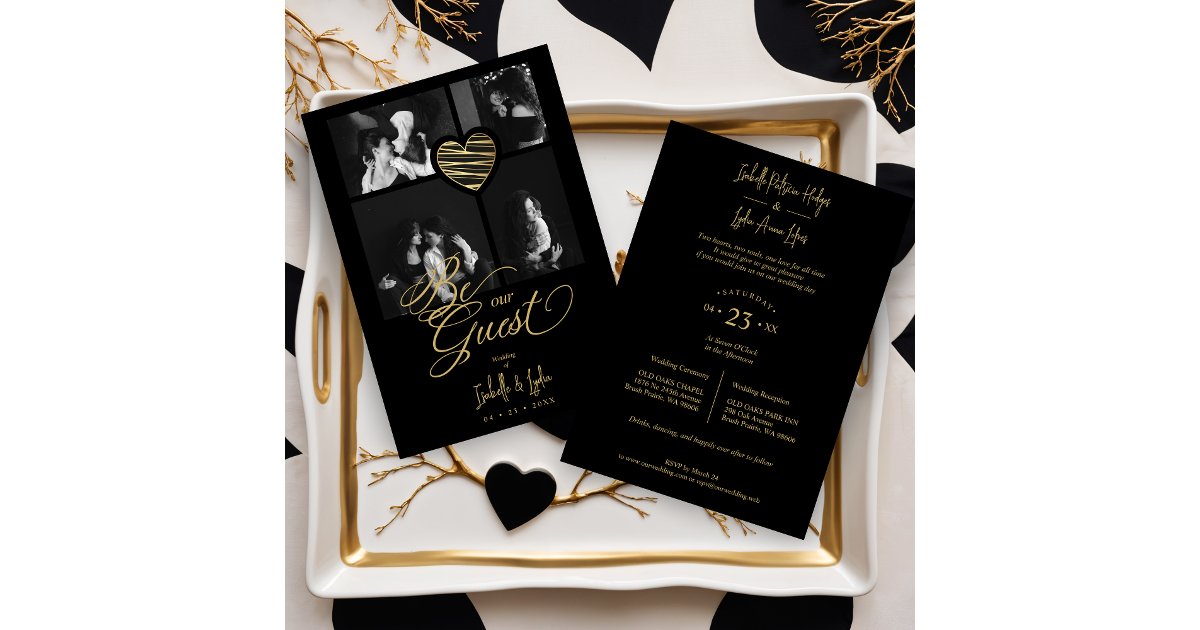 Exquisite Collage 4 Photos Golden Stylish Heart Invitation | Zazzle
