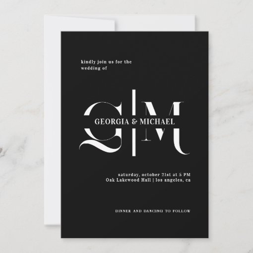 Exquisite Monogram Minimalist Black Wedding Invitation | Zazzle