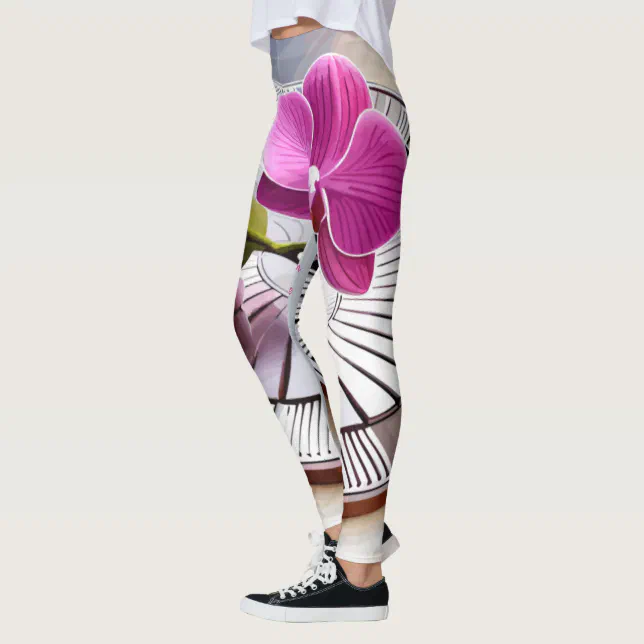 Exquisite Pink Orchid Rests on Silver Plate Leggings | Zazzle
