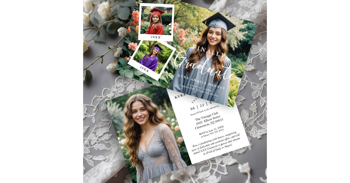 Exquisite Script Collage 4 Photos Timeline Grad Invitation | Zazzle