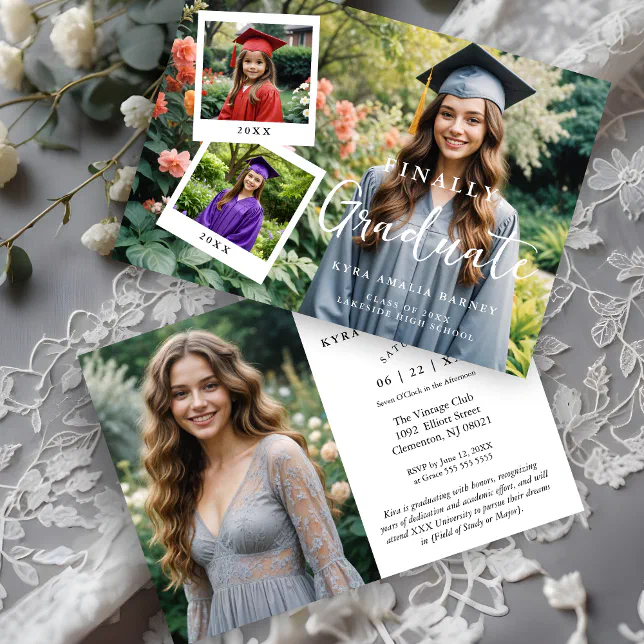 Exquisite Script Collage 4 Photos Timeline Grad Invitation | Zazzle