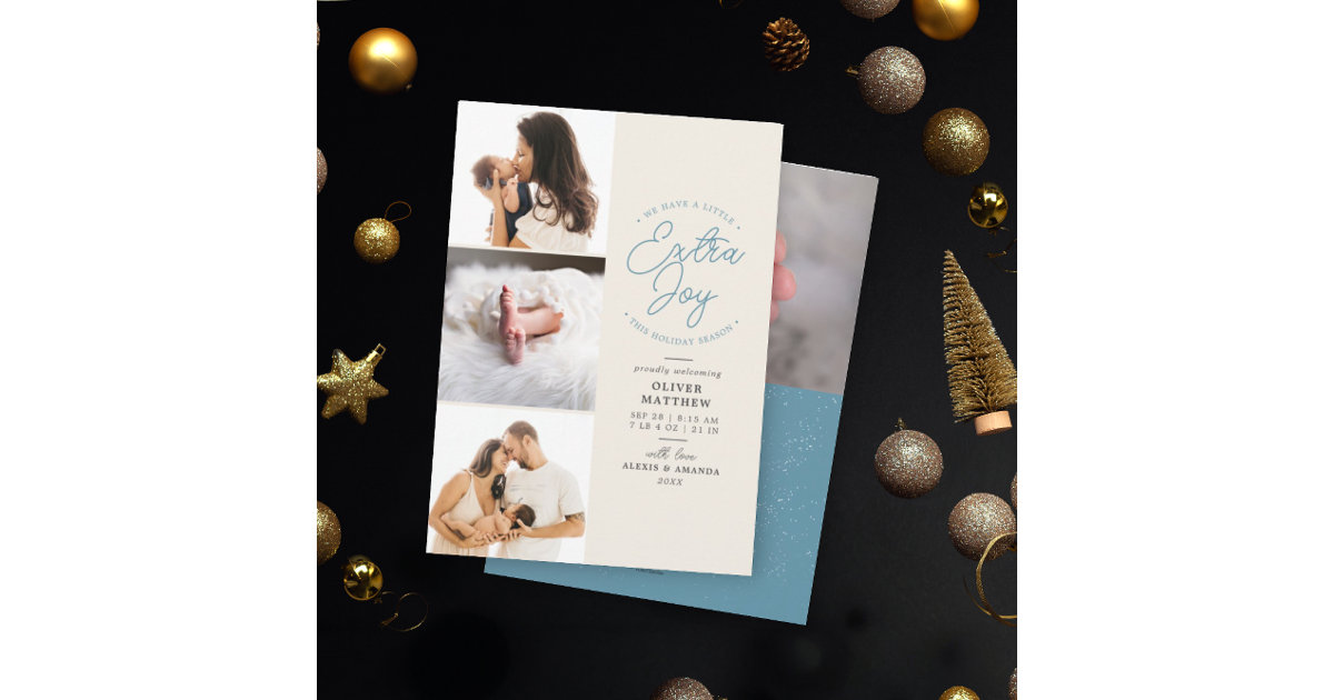 Extra Joy Photo Blue Holiday Birth Announcement | Zazzle