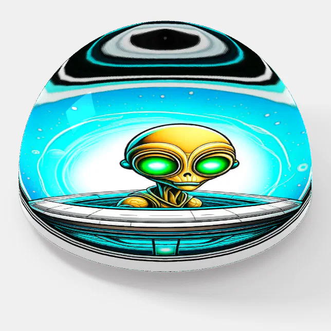 Extra Terrestrial Alien Flying a UFO Paperweight | Zazzle