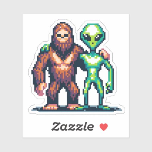 Extraterrestrial Alien Being and Bigfoot Pixel Art Sticker | Zazzle