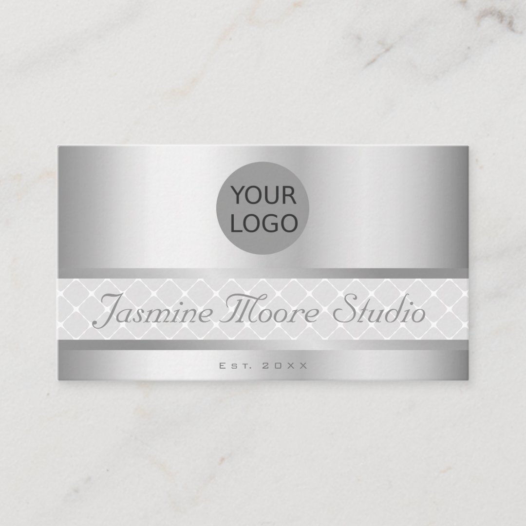 Extravagant Silver Effect Custom Logo - Open Hours Business Card | Zazzle